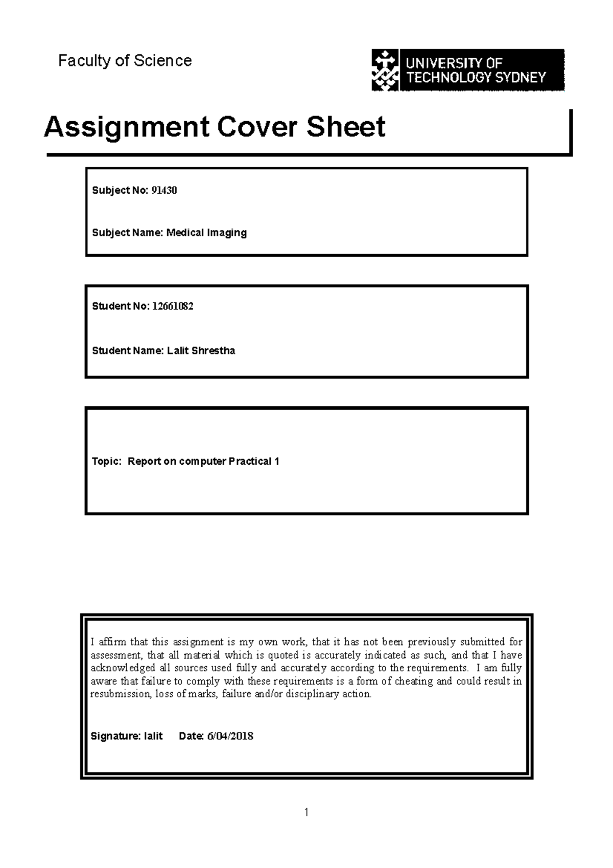 Practical report - Faculty of Science Assignment Cover Sheet Subject No ...