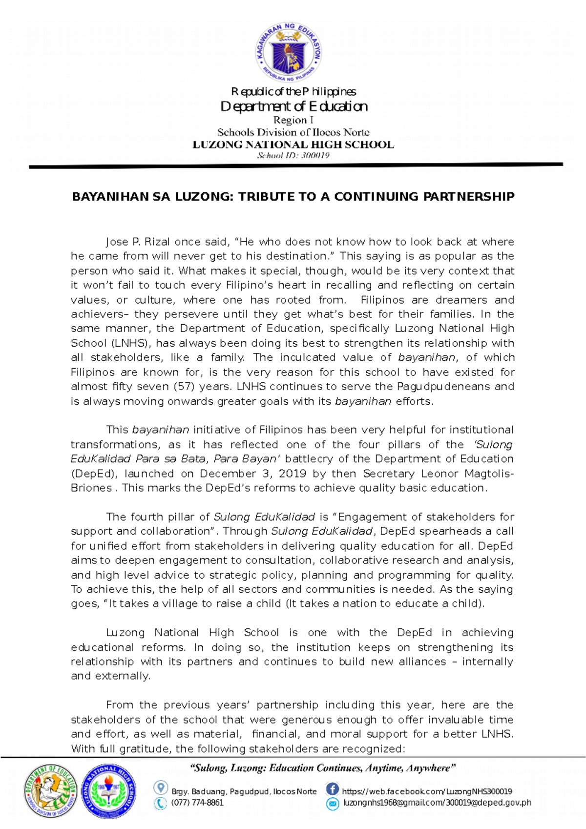 Bayanihan SA Luzong - BAYANIHAN SA LUZONG: TRIBUTE TO A CONTINUING ...