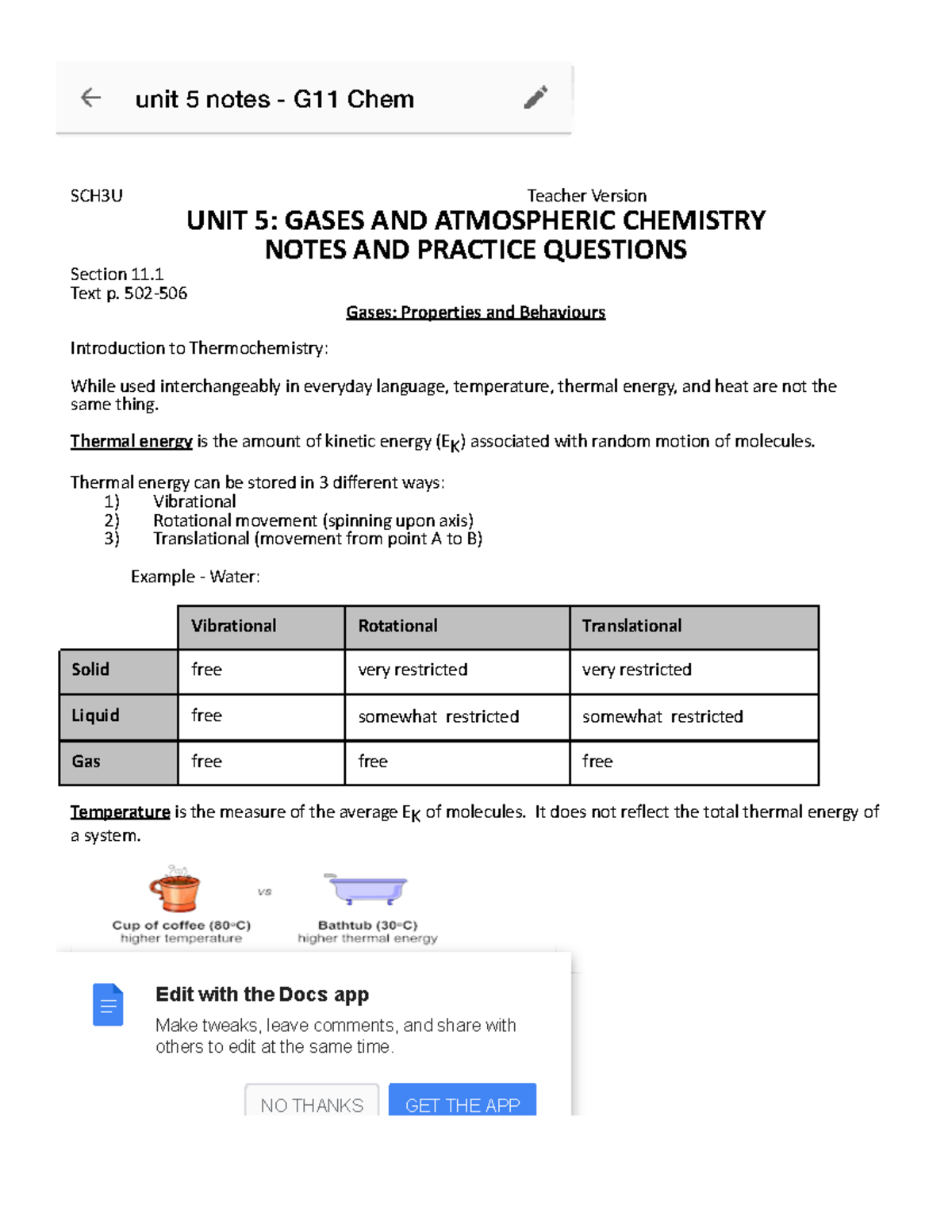 Unit 5 notes - G11 Chem - SCH3U Teacher Version UNIT 5: GASES AND ...