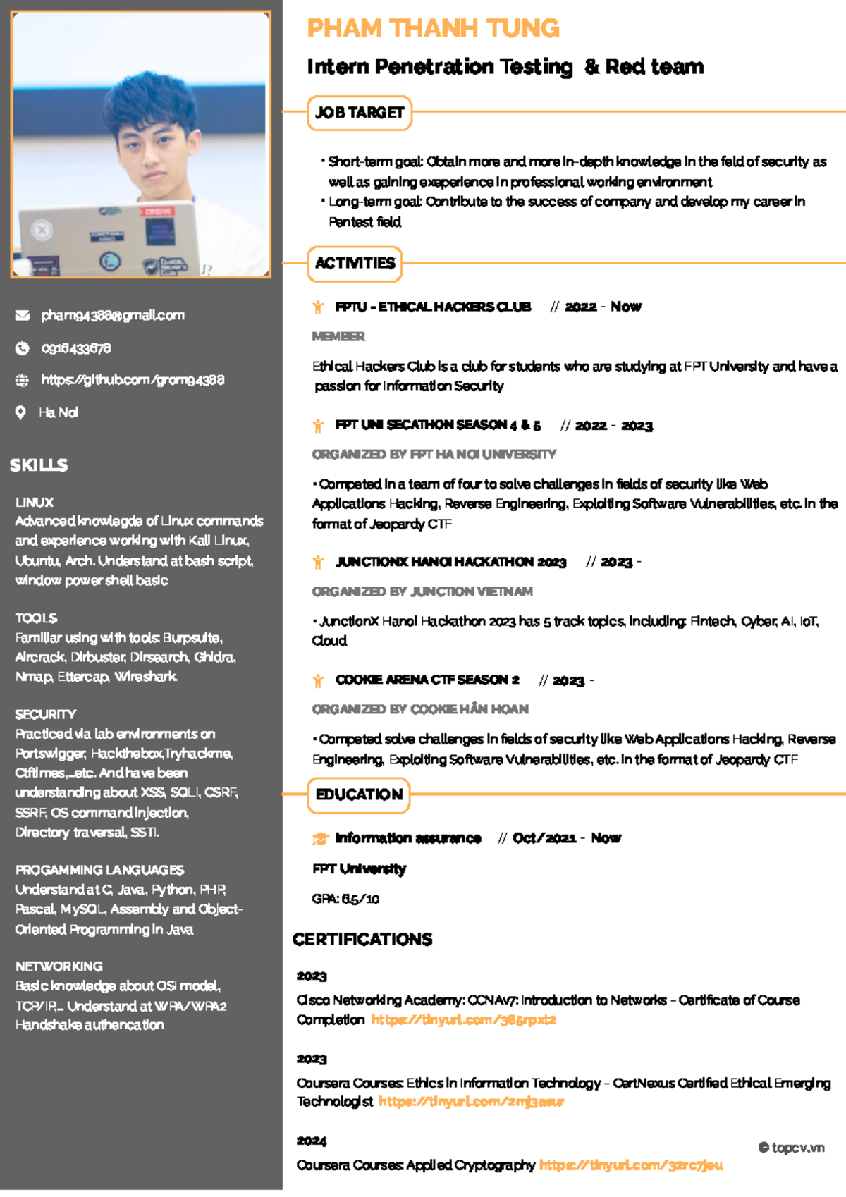 CV Pham Thanh Tung - oke - pham94388@gmail 0916433678 github/grom Ha Noi SKILLS LINUX - Studocu