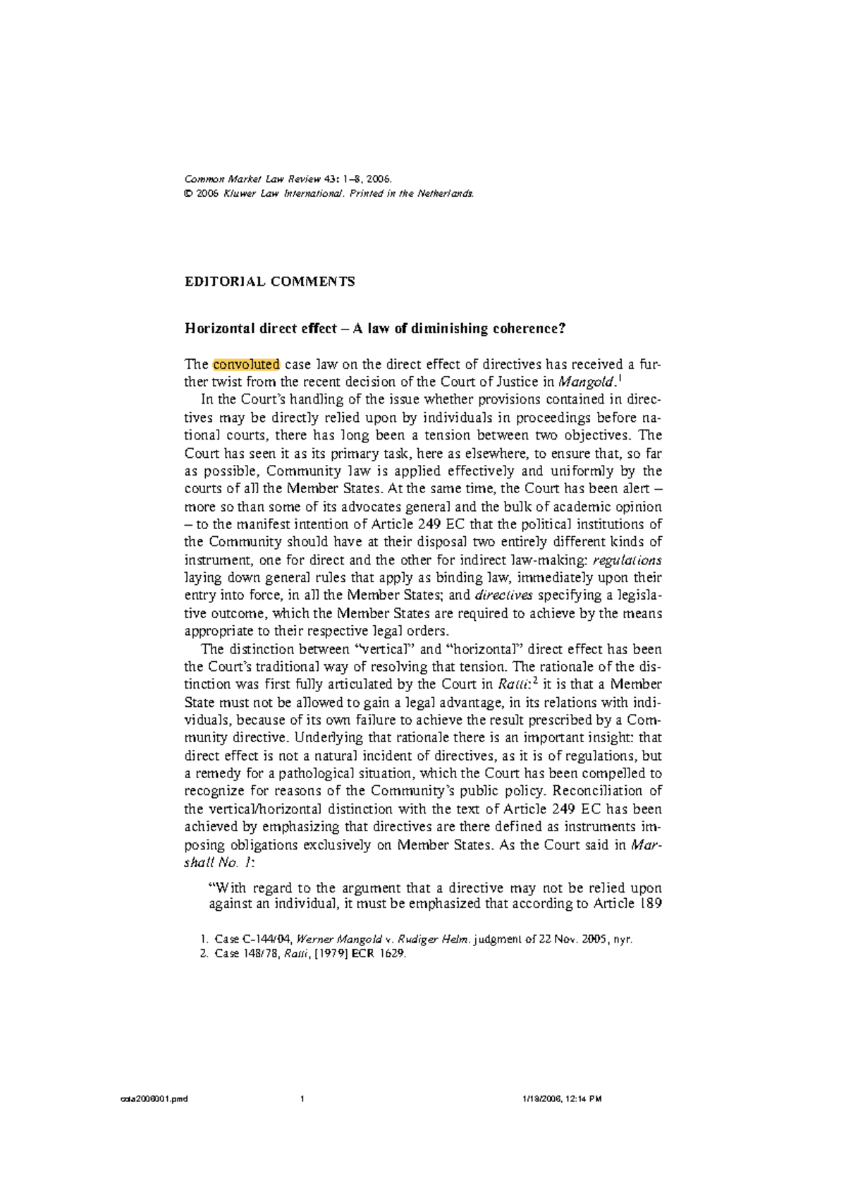 *Editorial comments - Article about horizontal direct effect ...