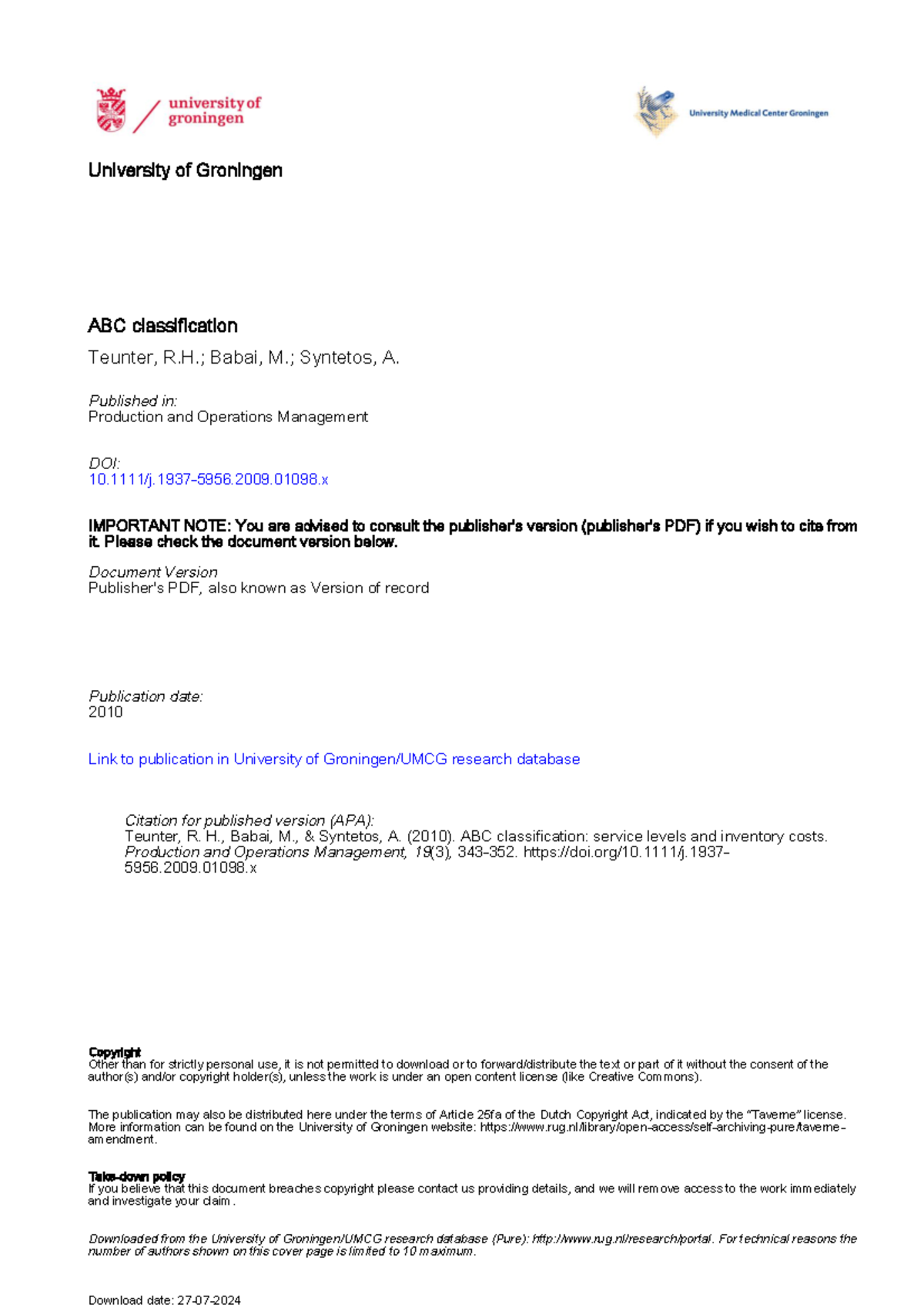 ABC classification service levels and inventory costs - University of ...