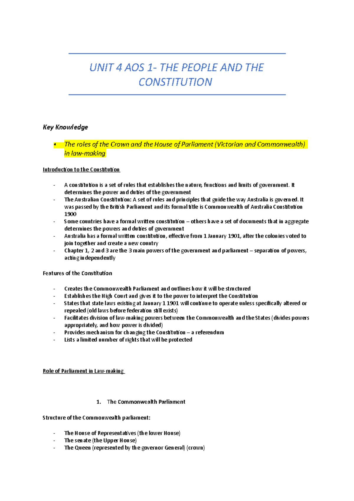 UNIT 4 Legal - AOS 1 - UNIT 4 AOS 1- THE PEOPLE AND THE CONSTITUTION ...