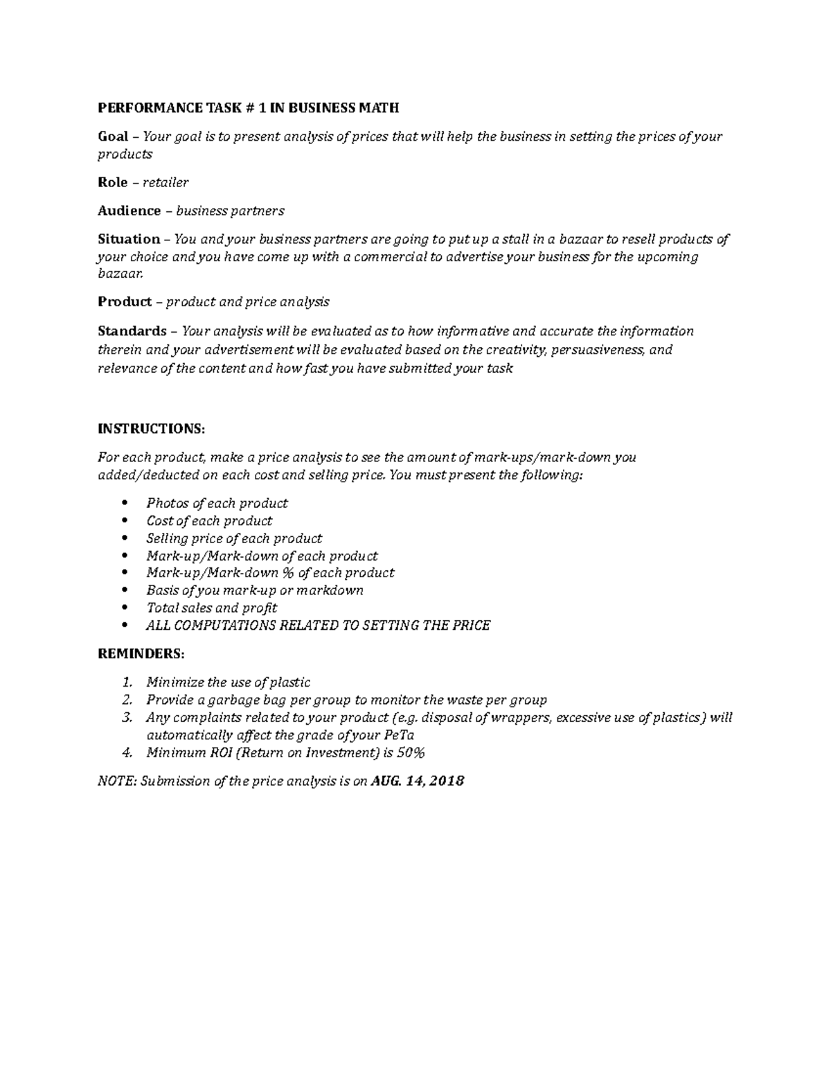 Performance-TASK-1 Q1 - PERFORMANCE TASK # 1 IN BUSINESS MATH Goal ...