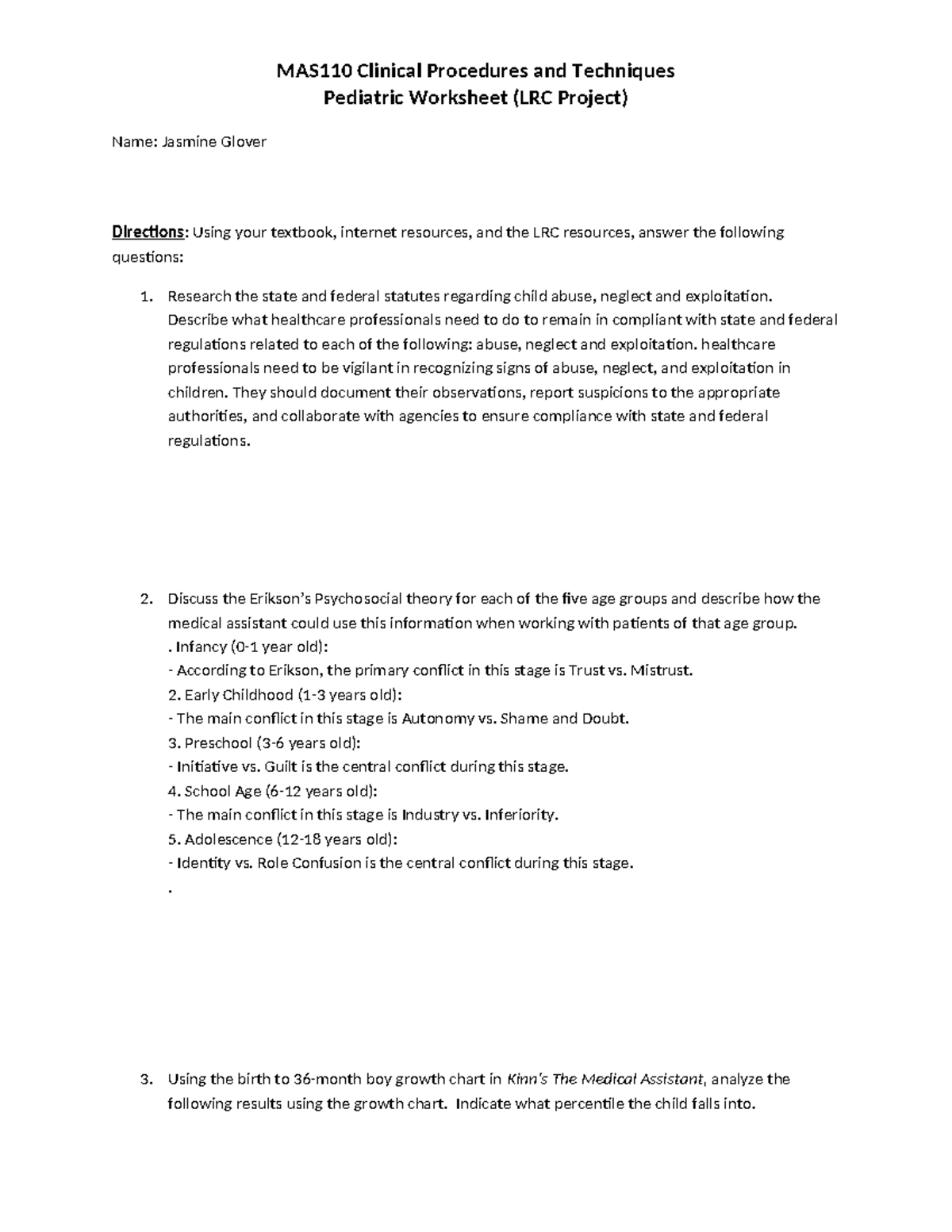 MAS110 Week 5 Pediatric Worksheet - MAS110 Clinical Procedures and ...