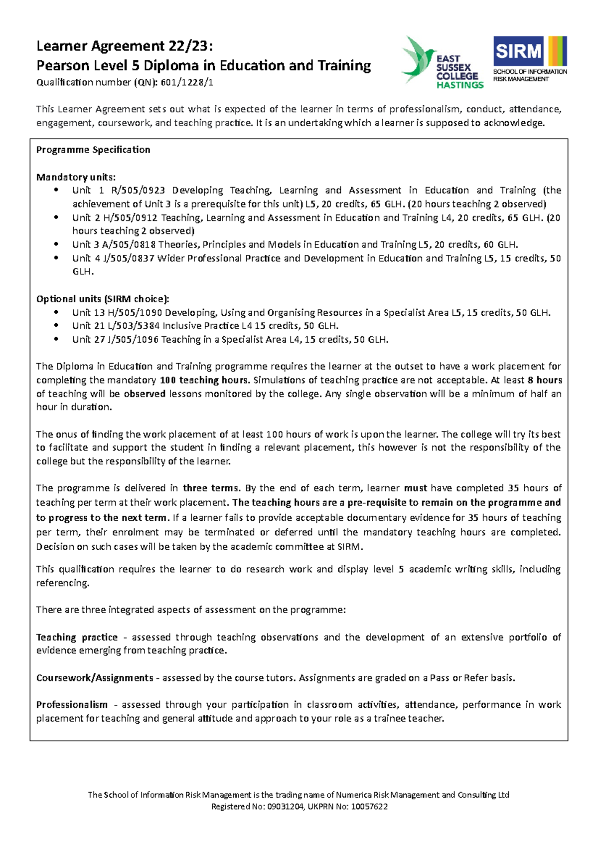 Learner Agreement DET - Learner Agreement 22/23: Pearson Level 5 ...