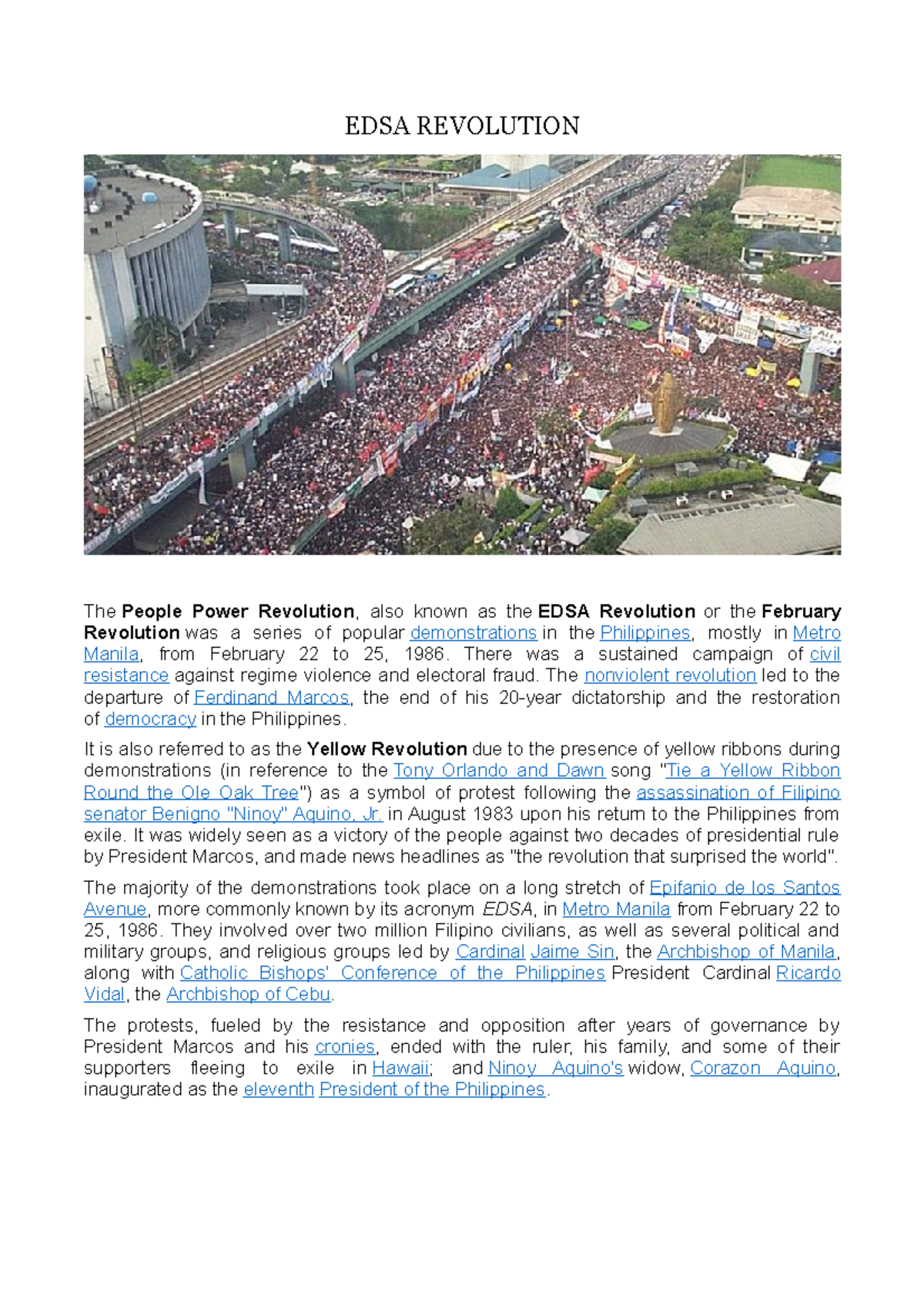 EDSA- Revolution - There was a sustained campaign of civil resistance ...