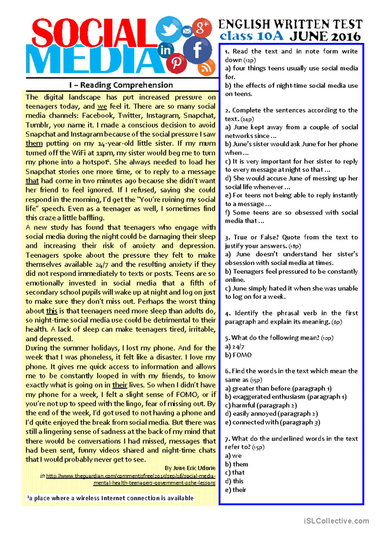 Social Media - 10th grade test - The digital landscape has put ...