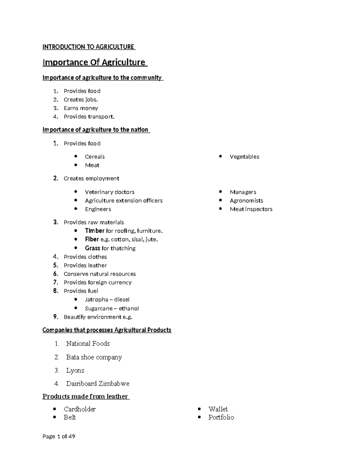 Agric 7 Notes - ####### INTRODUCTION TO AGRICULTURE Importance Of ...