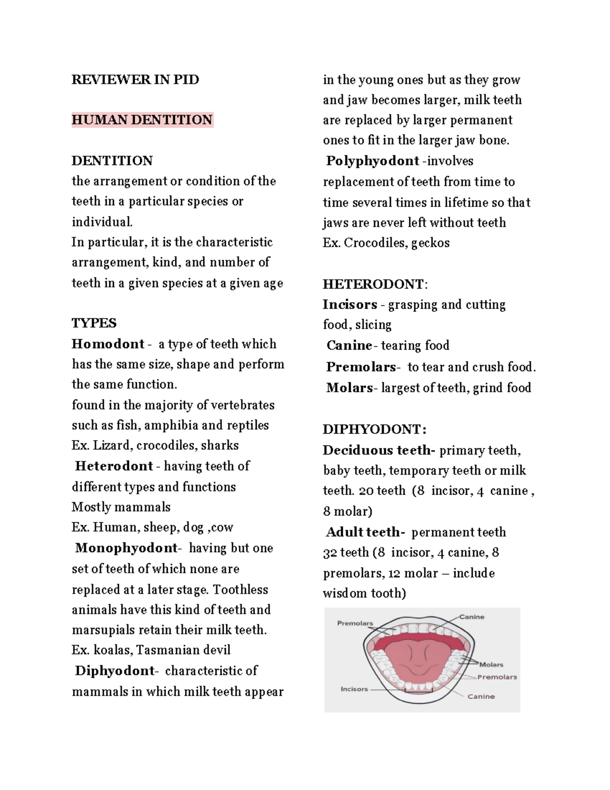 Reviewer IN PID - REVIEWER IN PID HUMAN DENTITION DENTITION the ...