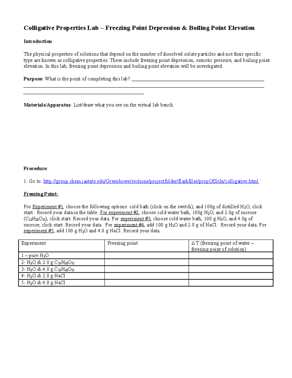 Colligative properties virtual lab - Colligative Properties Lab ...