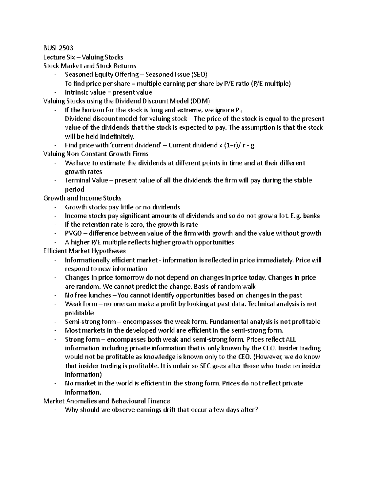 Lecture Six - Prof. Isaac Otchere - BUSI 2503 Lecture Six – Valuing Stocks Stock Market and ...