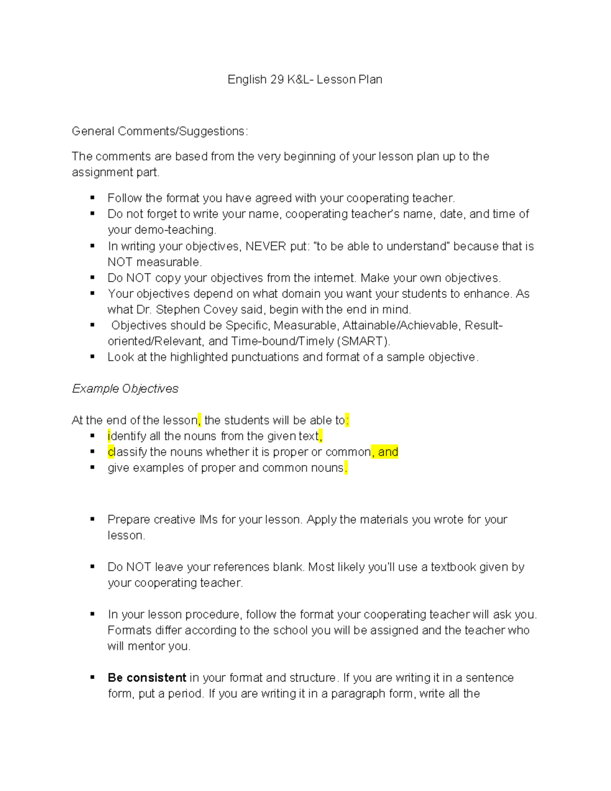 Lesson Plan Guide - English 29 K&L- Lesson Plan General Comments ...