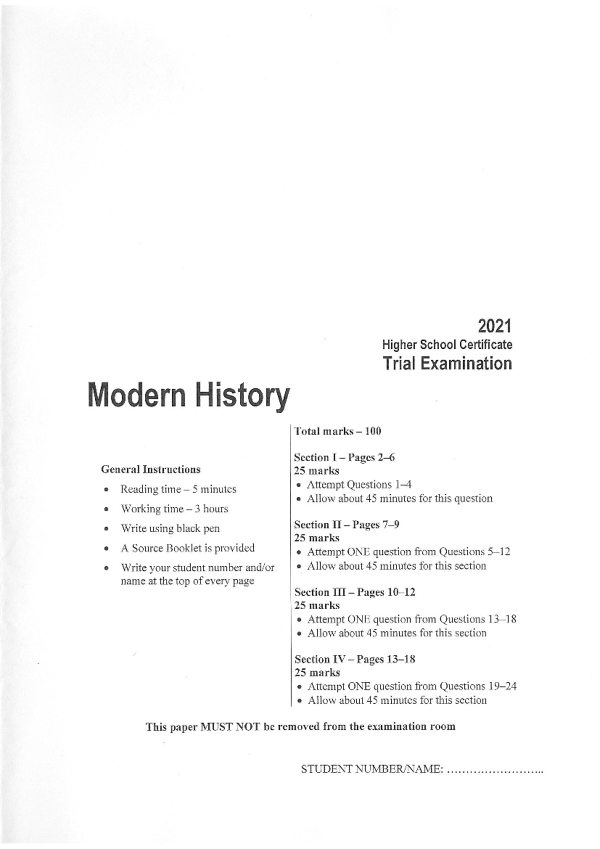2021 Independent Trial Examination Modern History 2021 - 2021 Higher School Certificate Trial ...