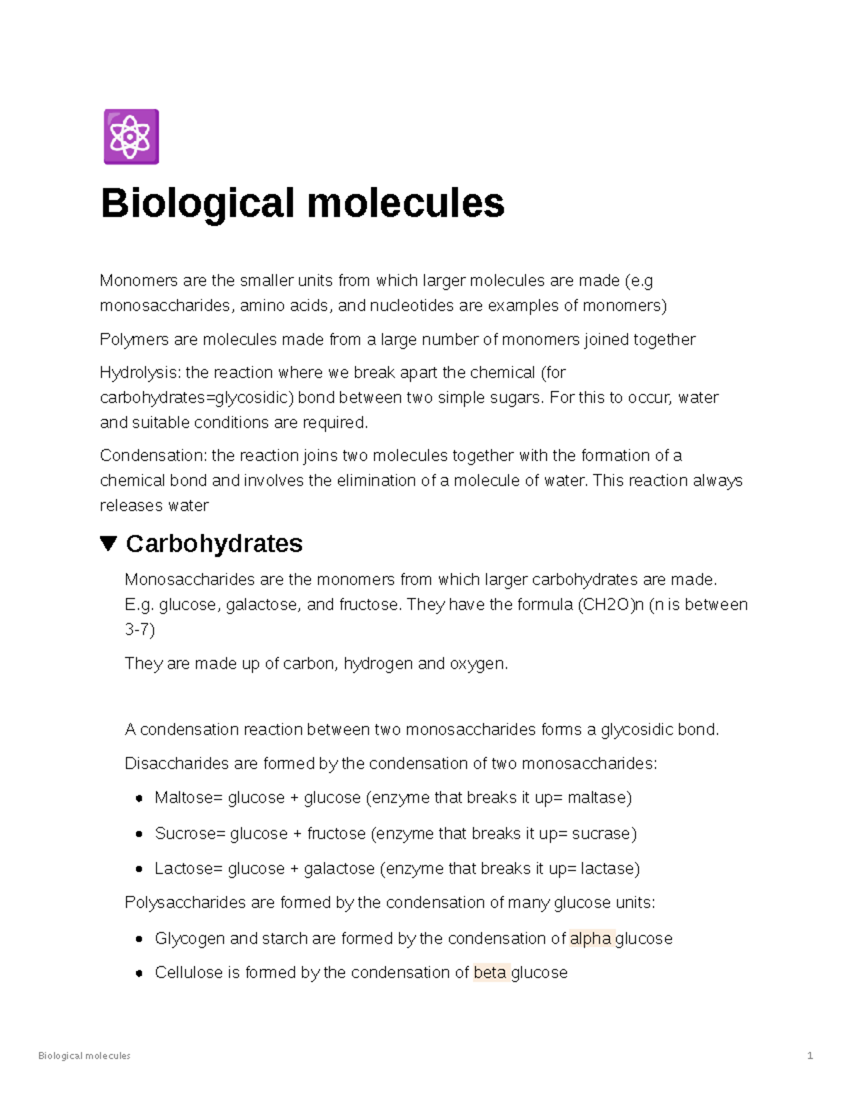 Biological Molecules AQA A-Level Biology - ⚛ Biological molecules ...