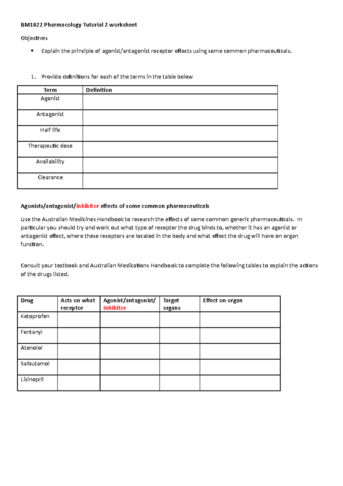 Wk 10 Prac Notes - BM1022 Pharmacology Tutorial 2 worksheet Objectives ...