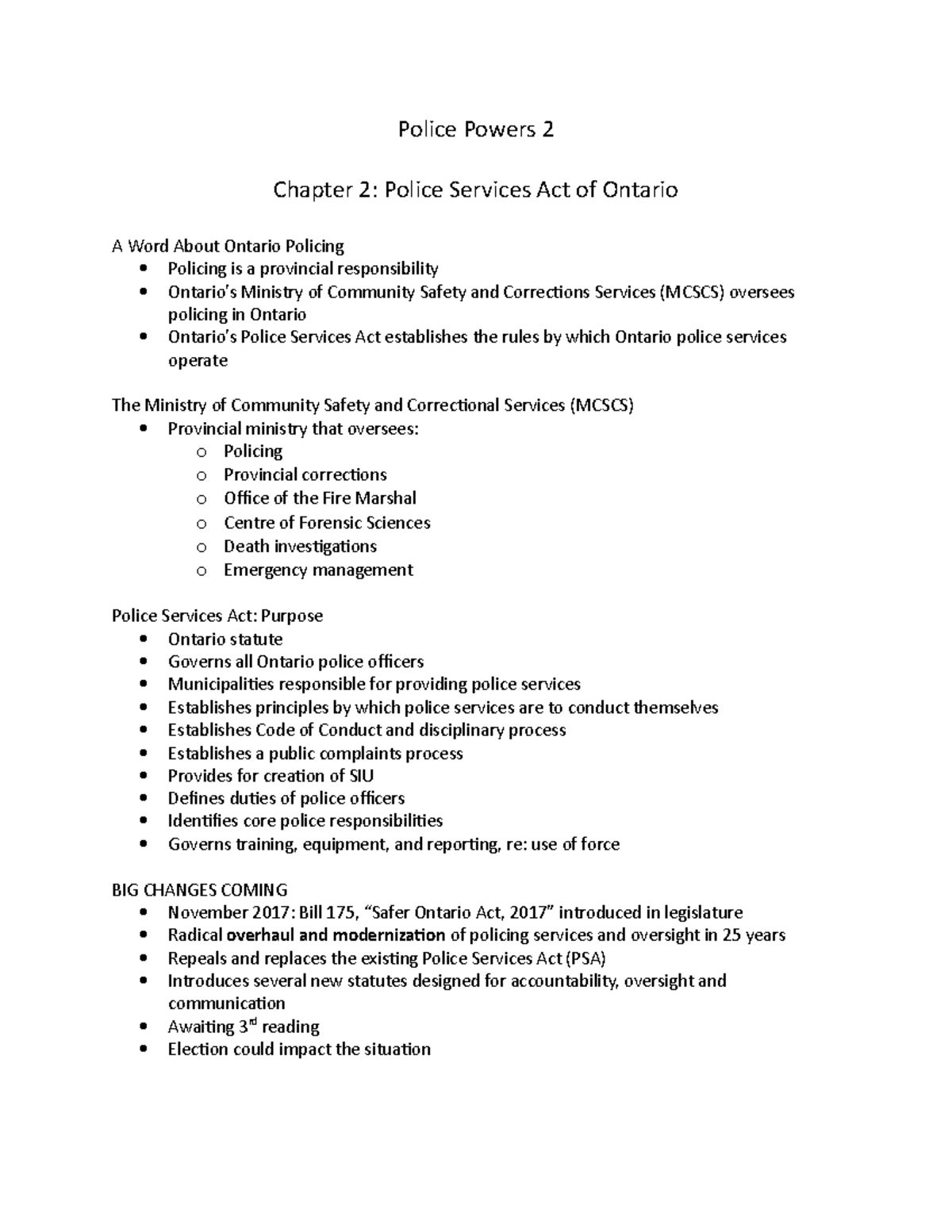 Police Powers 2 - Week 1 - Police Powers 2 Chapter 2: Police Services ...