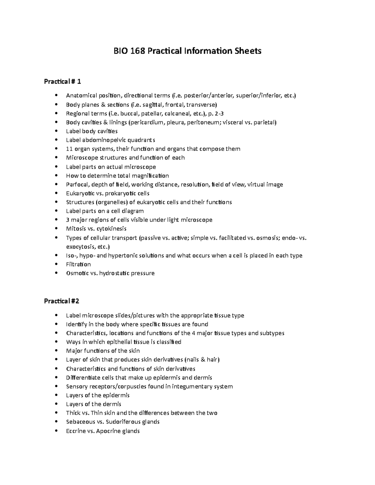 BIO 168 Practical Info Sheets - BIO 168 Practical Information Sheets Practical # 1 Anatomical ...