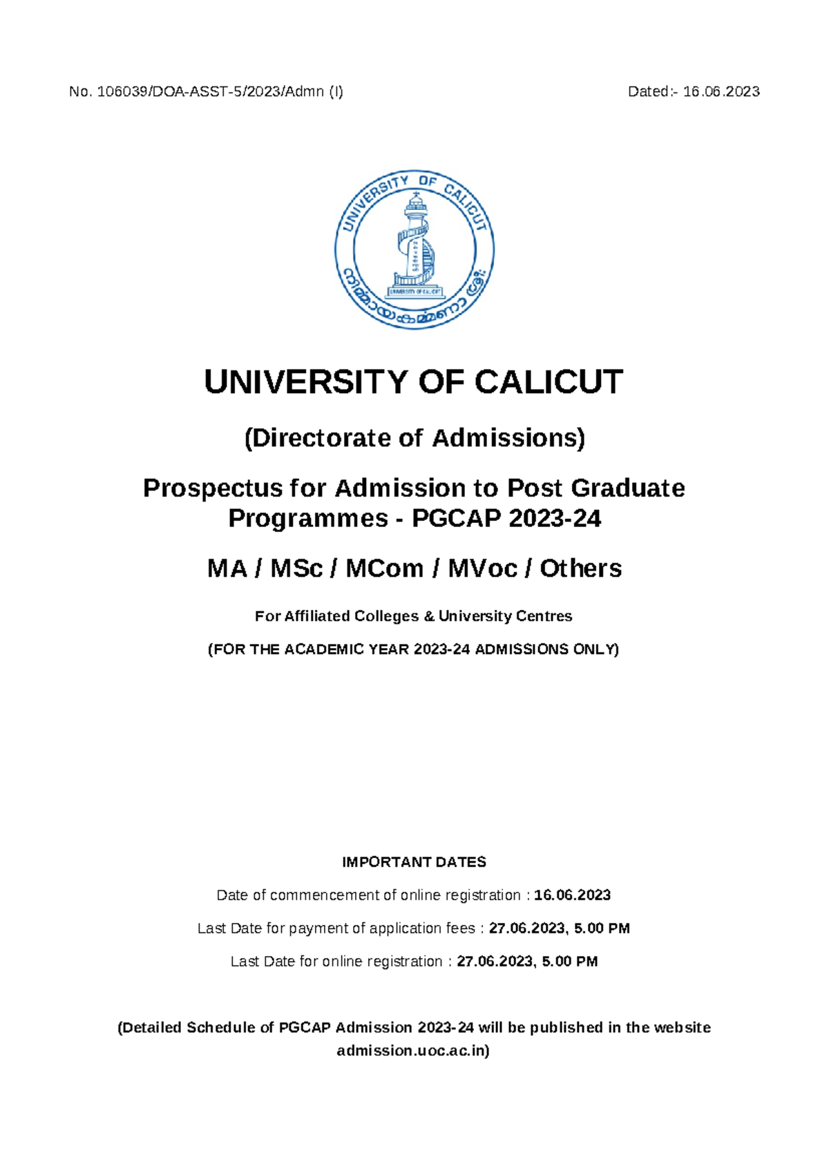Pgcap 2023 Prospectus - No. 106039/DOA-ASST-5/2023/Admn (I) Dated:- 16 ...