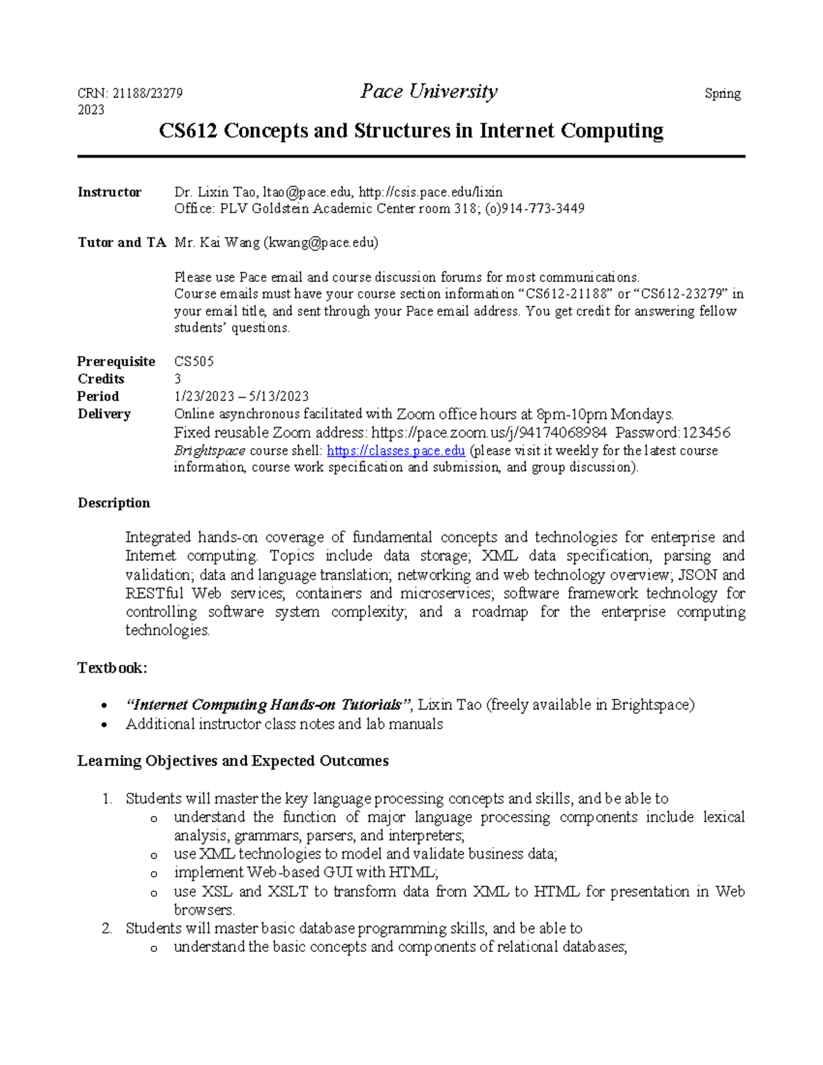 CS612 syllabus 2023 spring asynch - CRN: 21188/23279 Pace University Spring 2023 CS612 Concepts ...