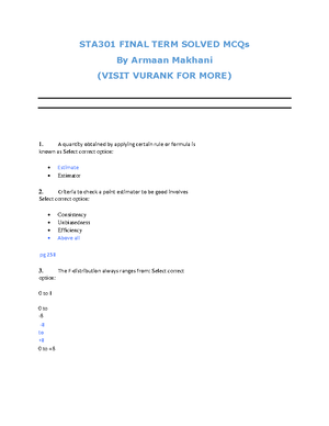 STA301 Final term solved mcq with reference by Moaaz - STA301- Statistics and Probability Solved ...