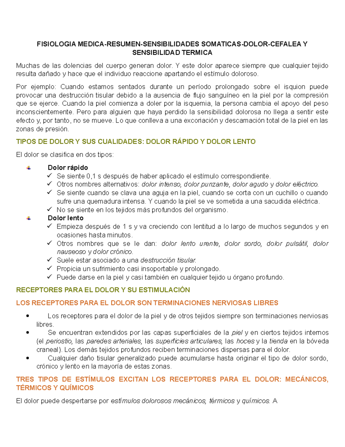 Fisiologia Medica- Resumen- Sensibilidades Somaticas- Dolor- Cefalea Y Sensibilidad Termica ...