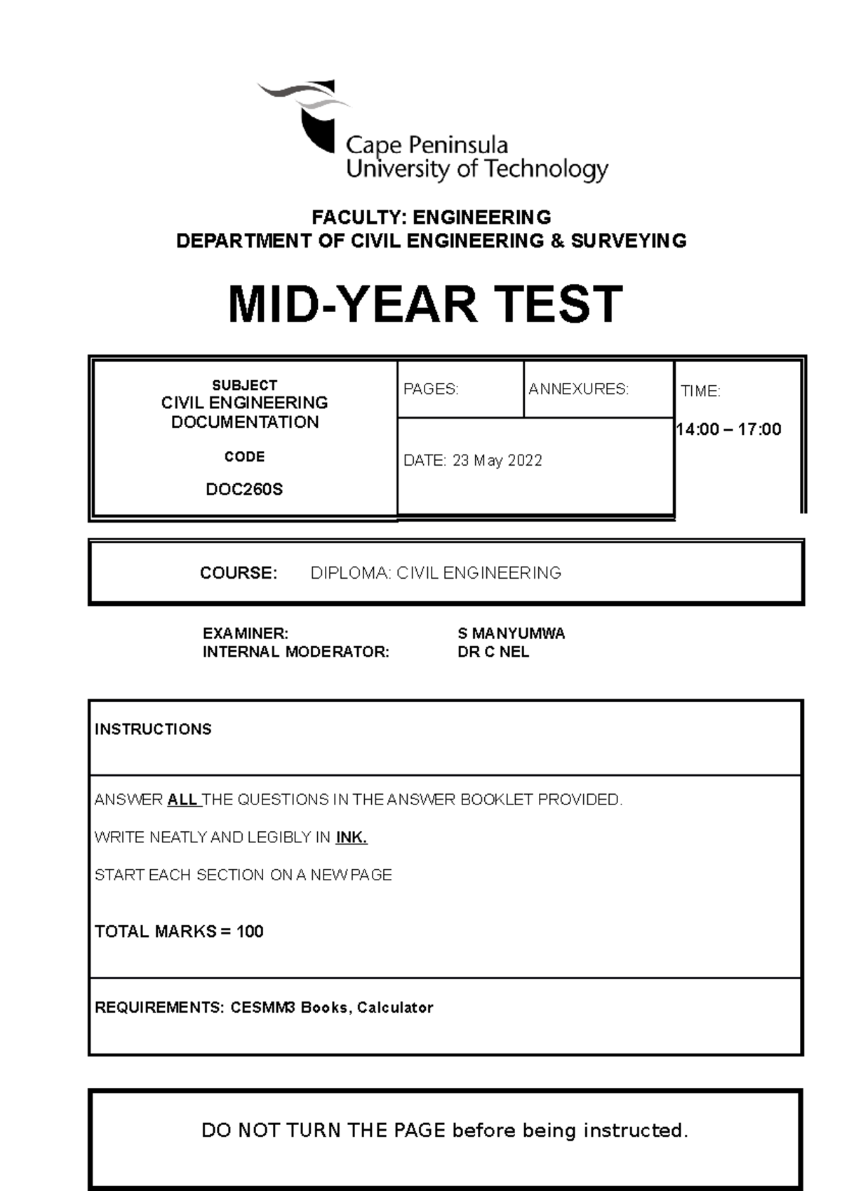 MEMO 2022 MID-YEAR TEST Paper - FACULTY: ENGINEERING DEPARTMENT OF ...