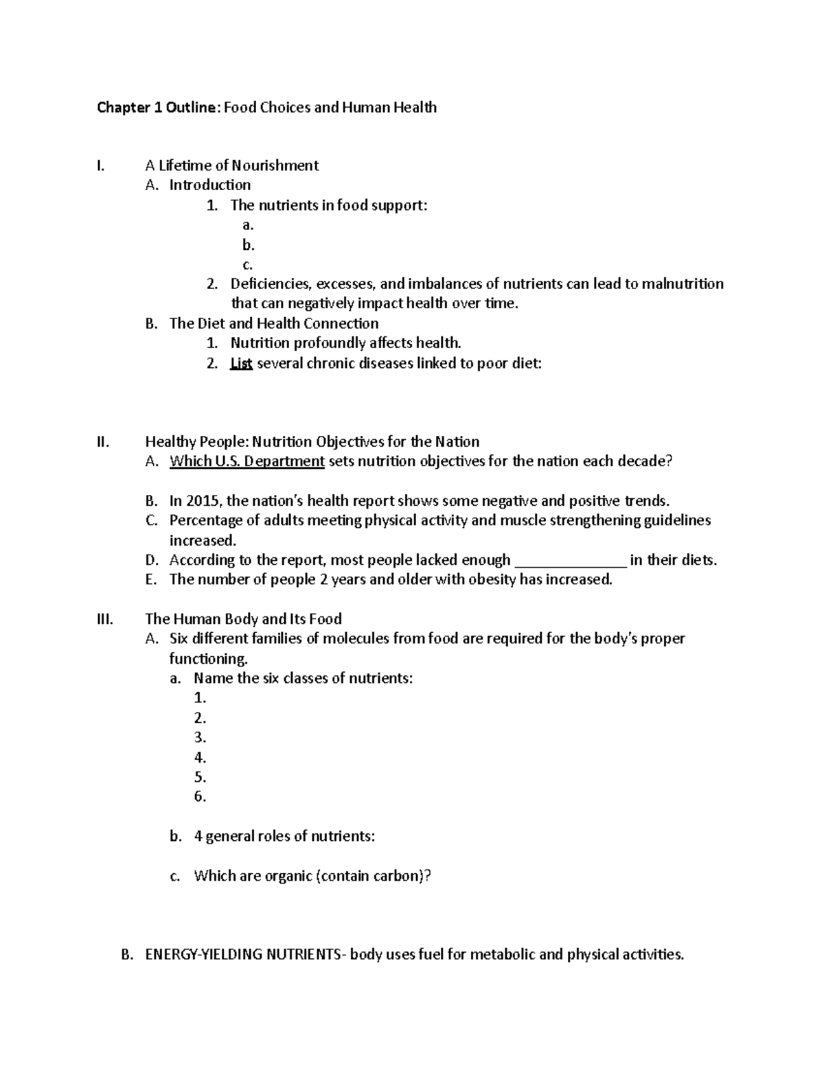 Chapter 1 nurtrition worksheet - Chapter 1 Outline: Food Choices and ...