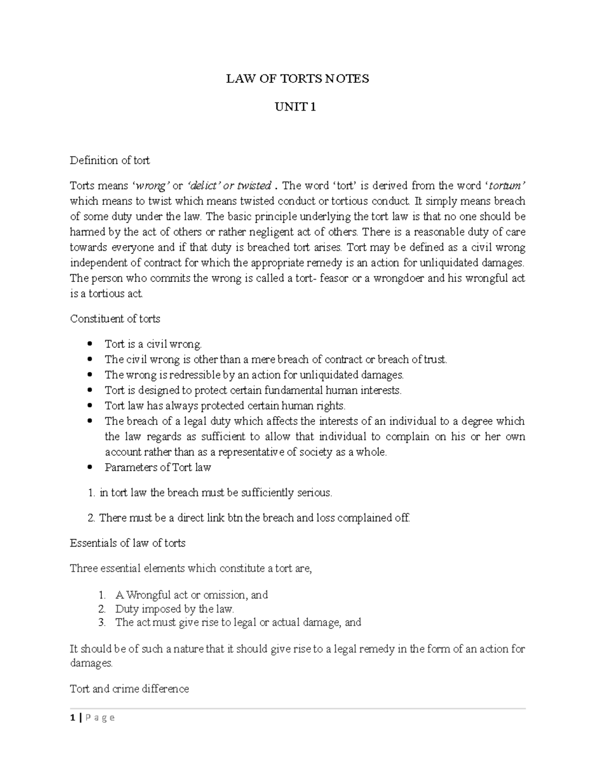 LAW OF Torts Notes - no need - LAW OF TORTS NOTES UNIT 1 Definition of ...