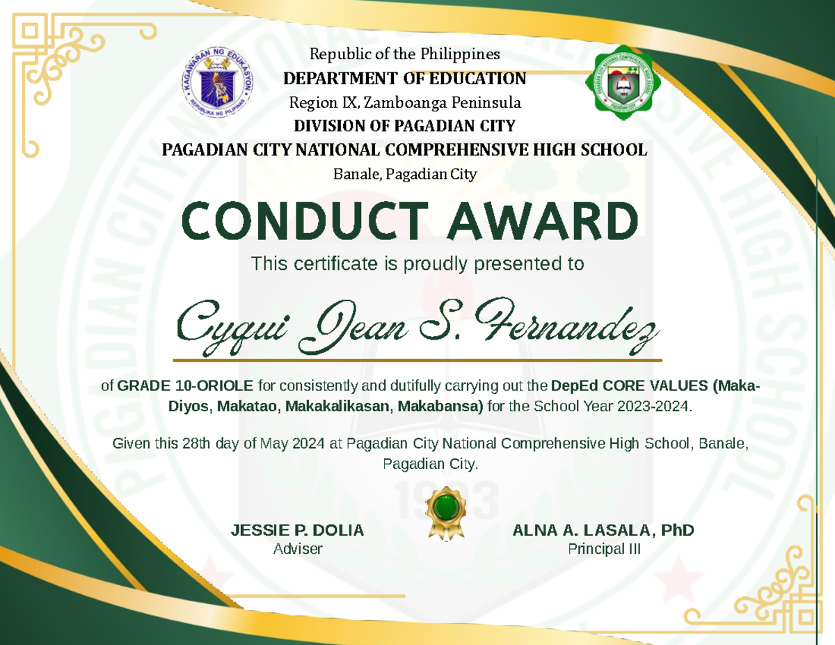 Conduct award -G10 - good - CONDUCT AWARD of GRADE 10 - ORIOLE for consistently and dutifully ...
