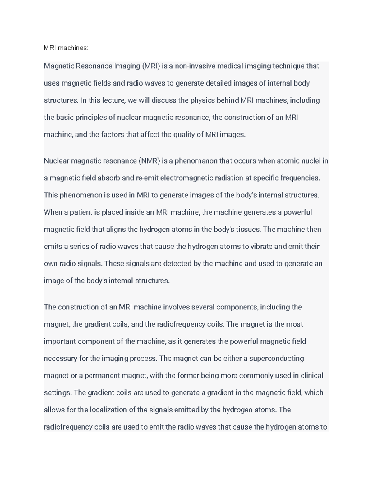 MRI machines notes - MRI machines: Magnetic Resonance Imaging (MRI) is ...