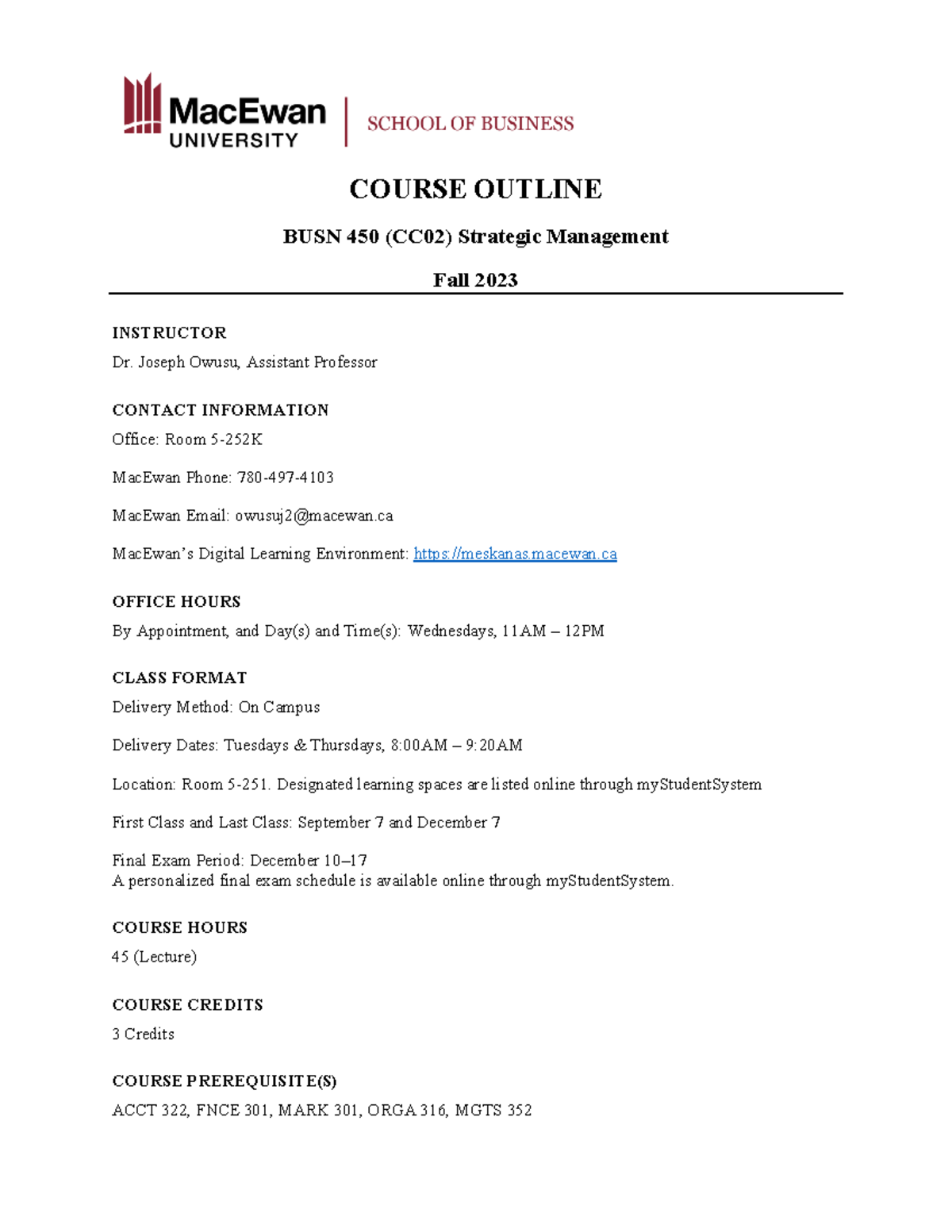 BUSN 450 Course Outline - COURSE OUTLINE BUSN 450 (CC02) Strategic ...