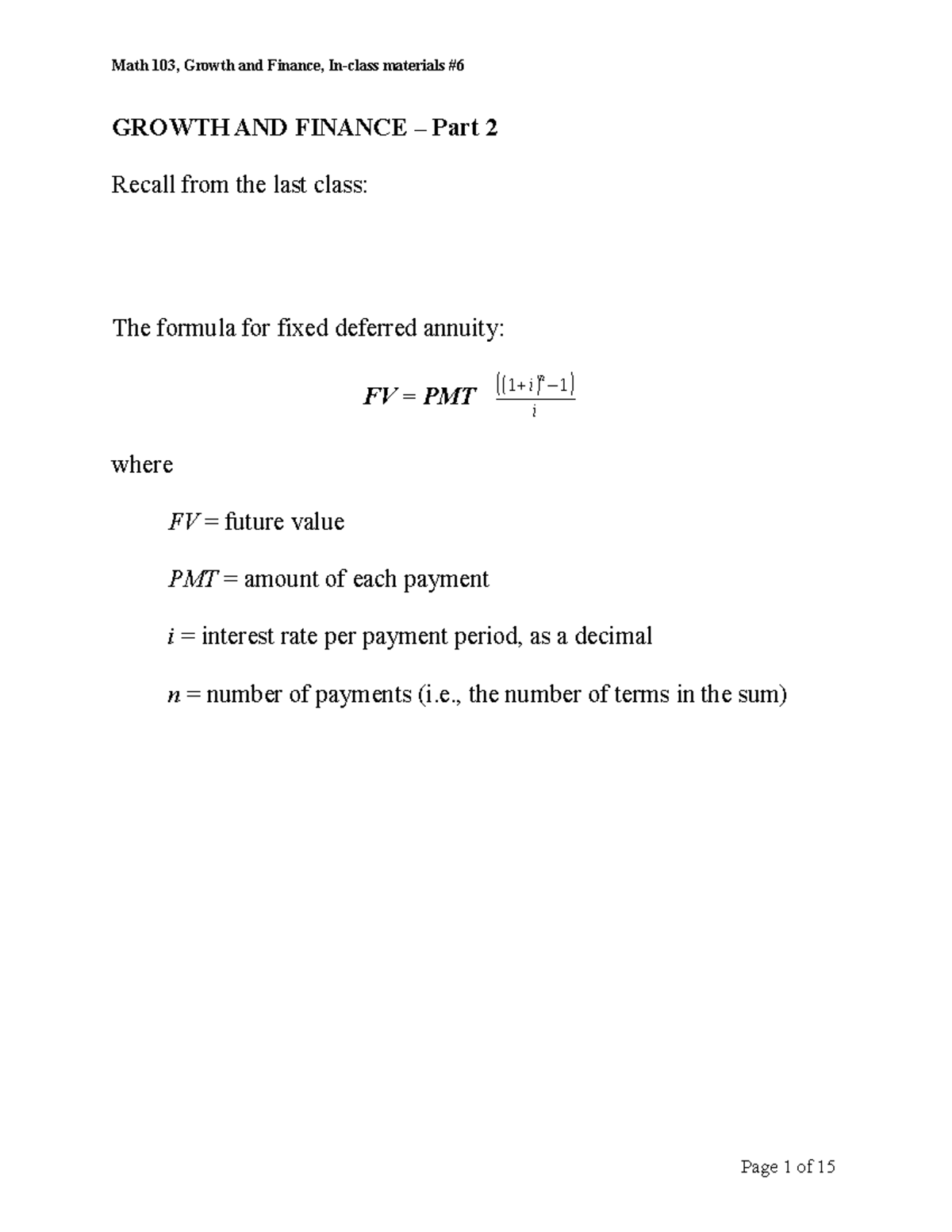 Growth and Finance Notes - Math 103, Growth and Finance, In-class ...