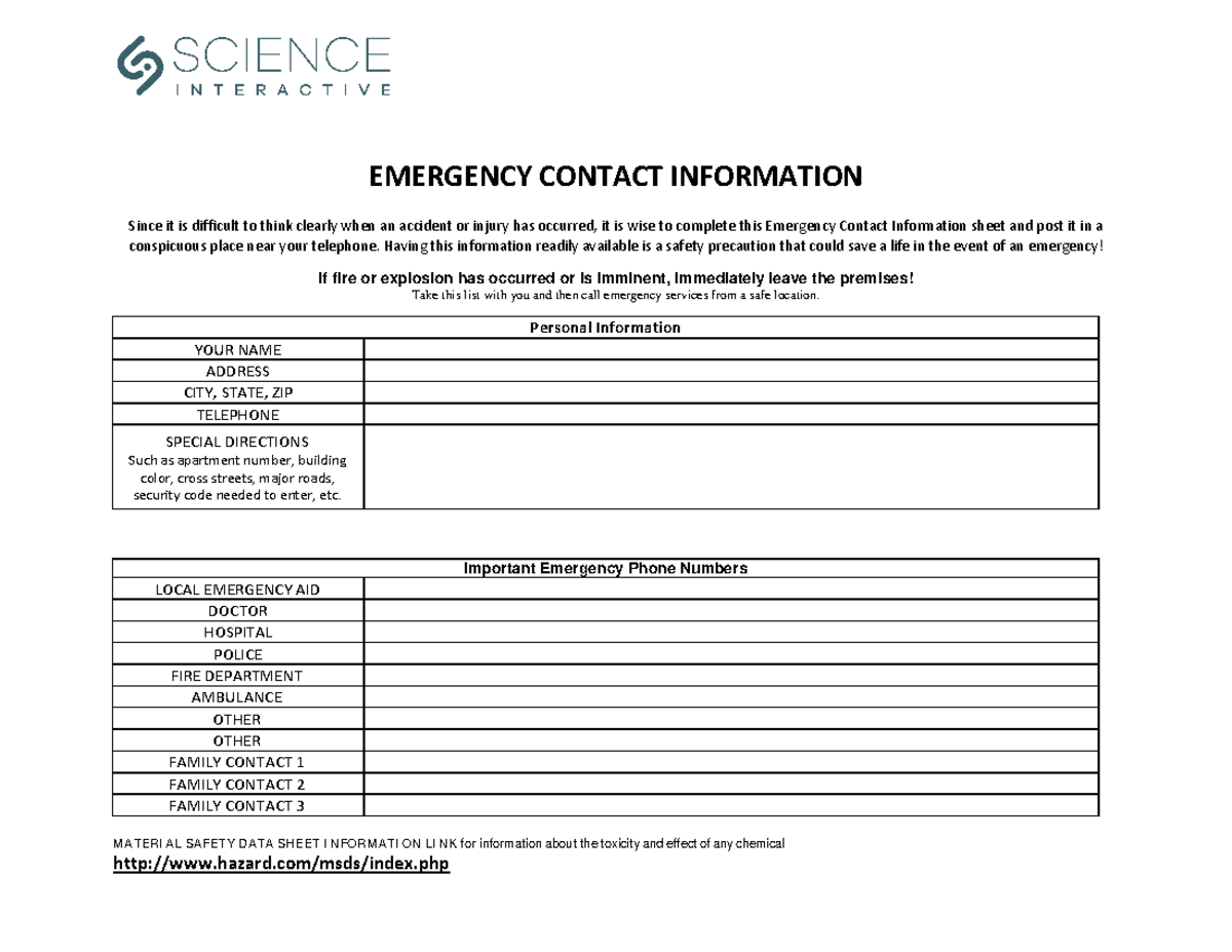 46 0227 00 01 SUP Safety Card - EMERGENCY CONTACT INFORMATION Since it ...