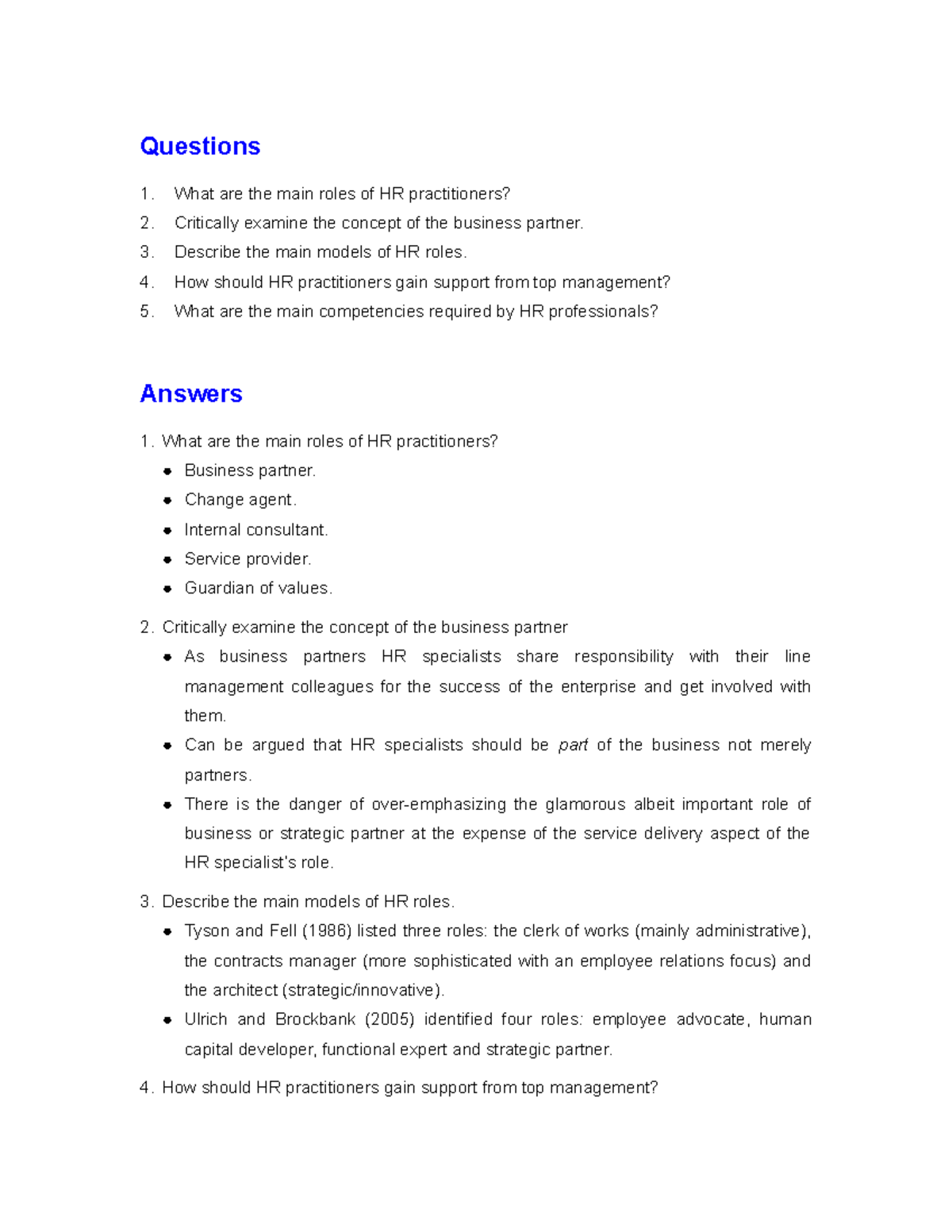 QA - Role of the HR Practitioner - Questions What are the main roles of ...