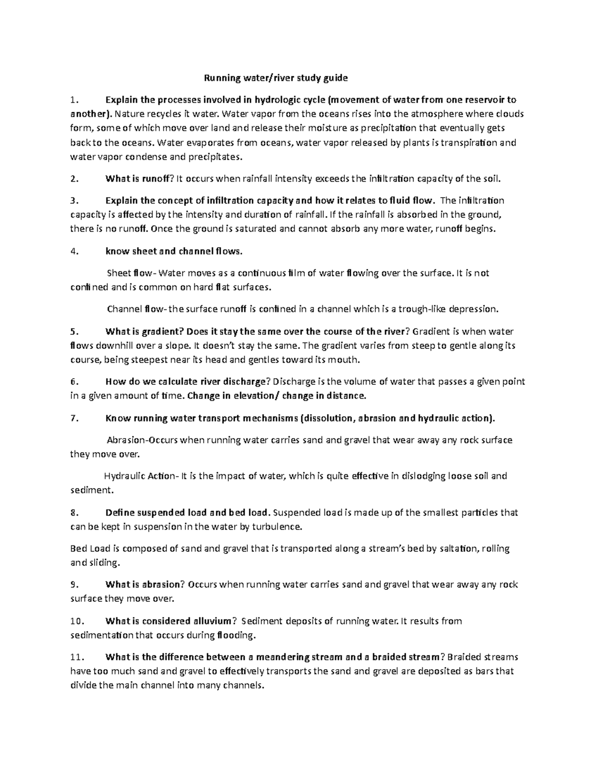 Running water Study Guide - Running study guide 1. Explain the ...