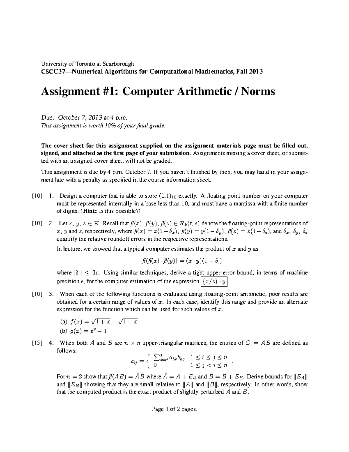 A1 13 - assignment - University of Toronto at Scarborough CSCC37—Numerical Algorithms for - Studocu