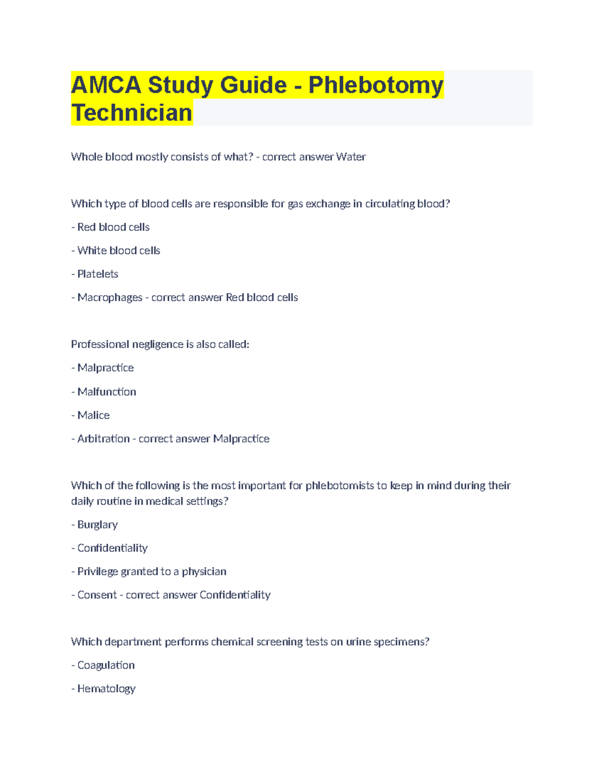 AMCA Study Guide - Phlebotomy Technician - AMCA Study Guide ...