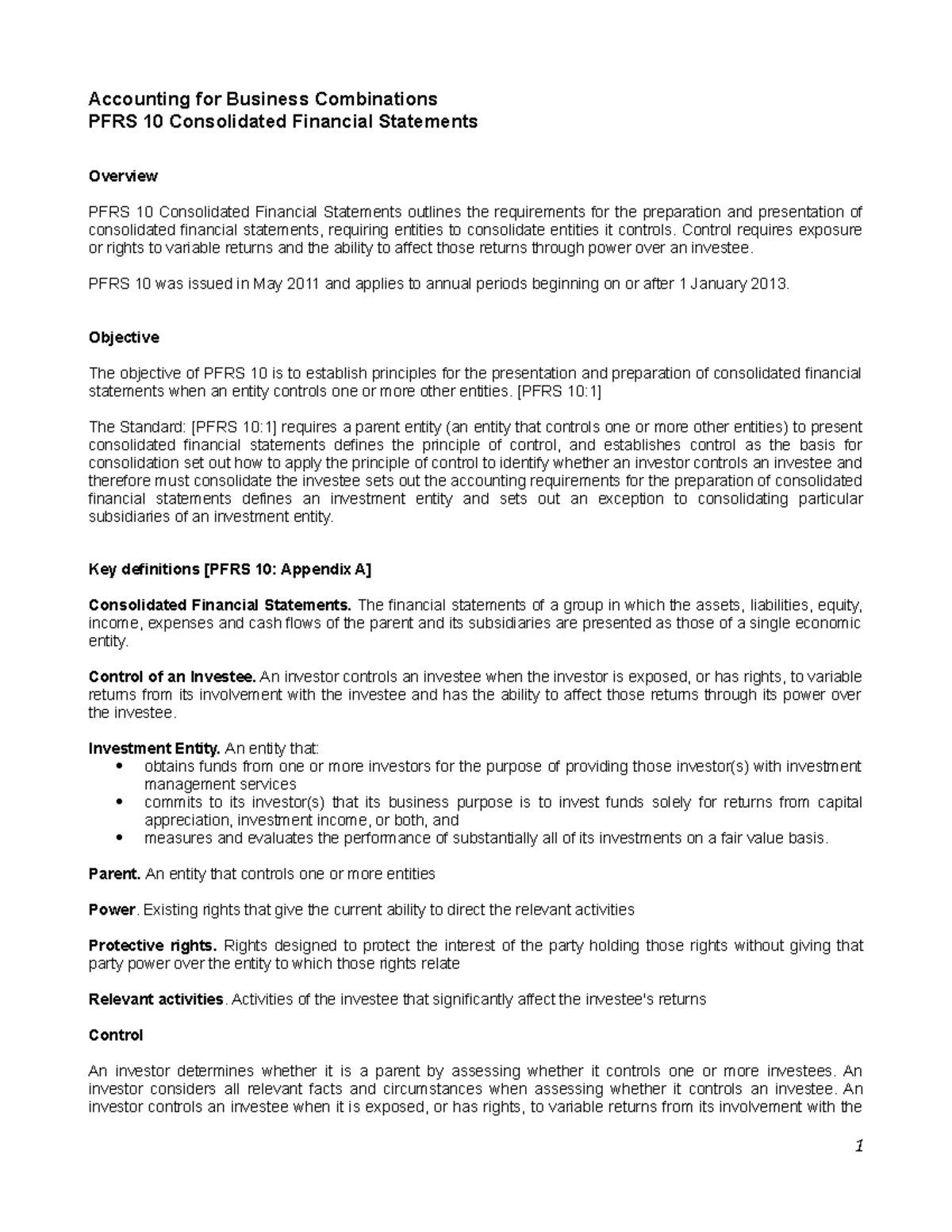 Consolidated FS - Date of Acquisition Lecture Notes - Accounting for ...