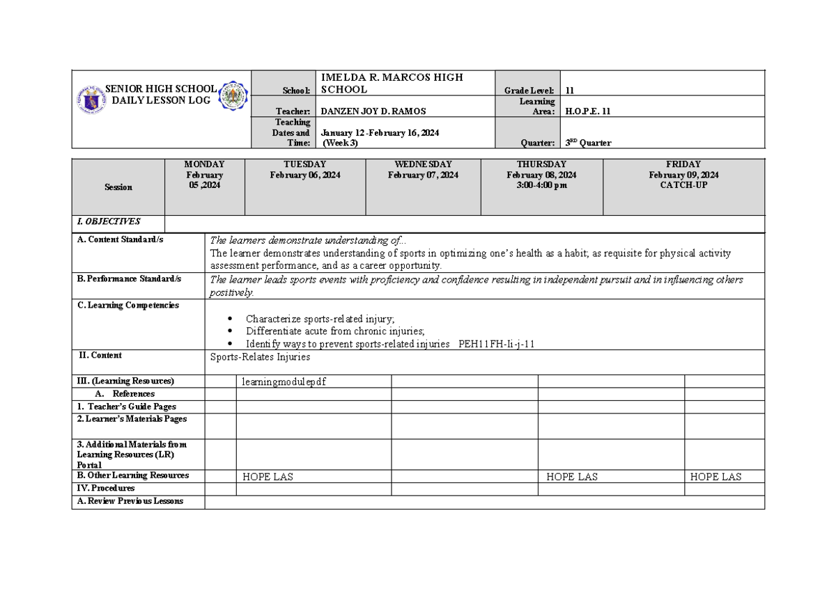 DLP HOPE 2 Q3 W4 2023 24 - SENIOR HIGH SCHOOL DAILY LESSON LOG School ...