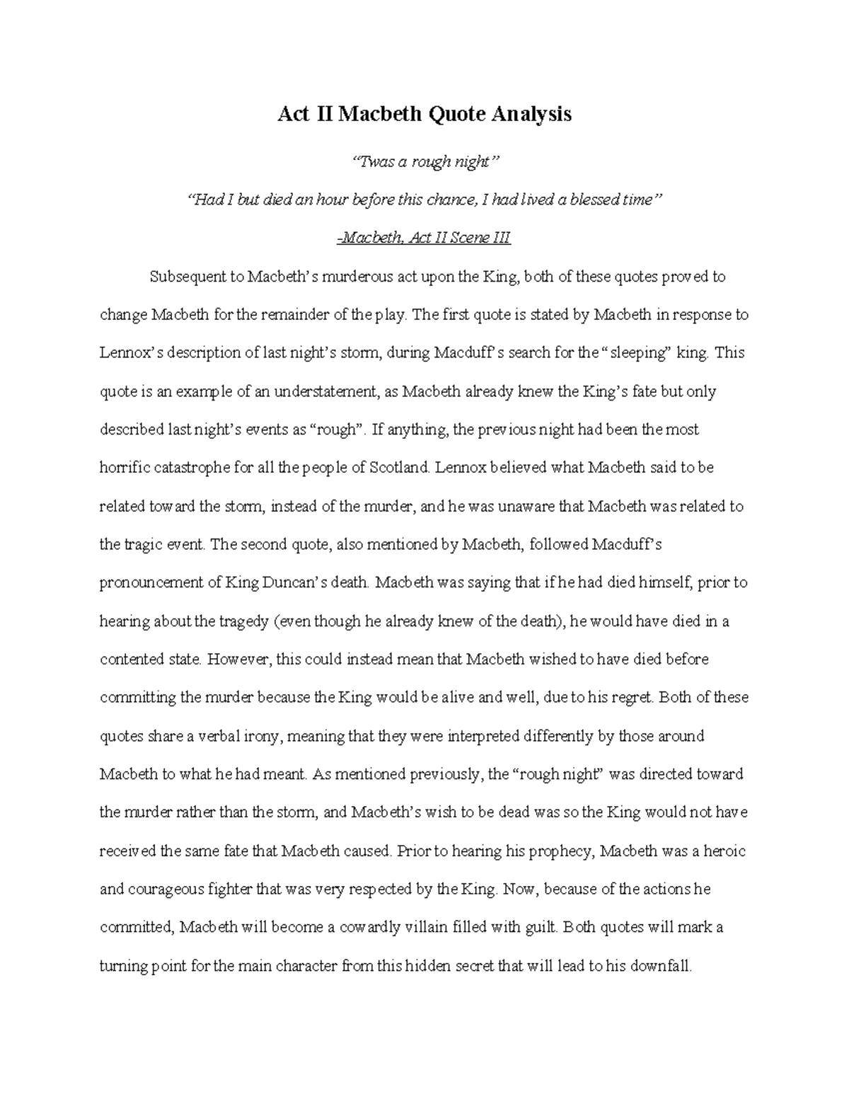 Act II Macbeth Quote Analysis - Act II Macbeth Quote Analysis “Twas a ...