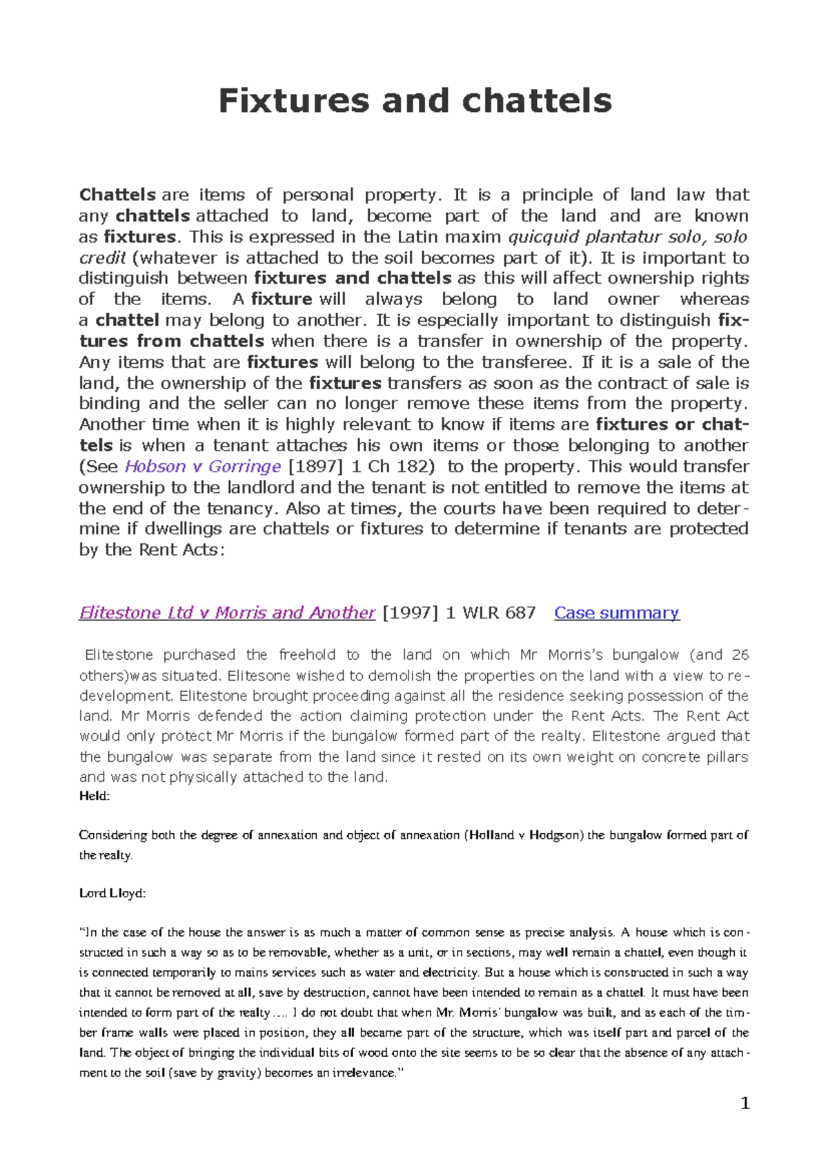 Fixtures - cases and lecture notes - Fixtures and chattels Chattels are ...