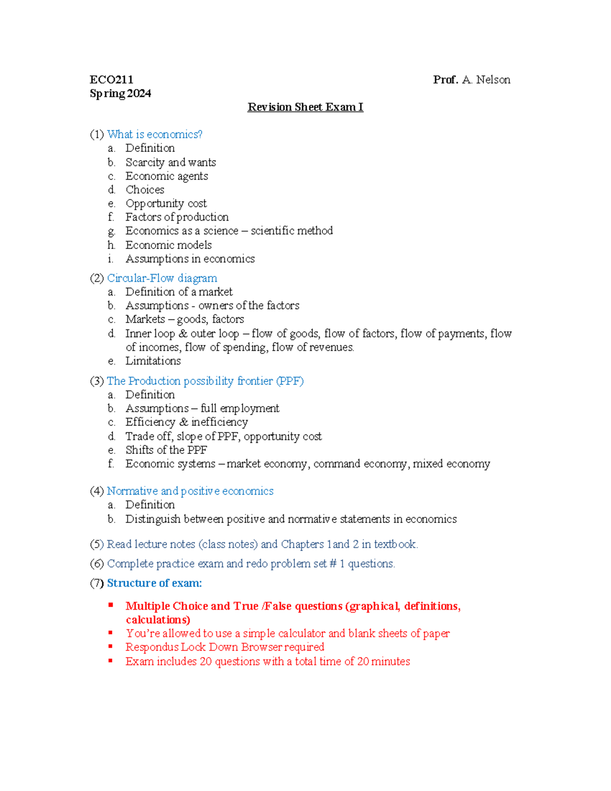 ECO211. Exam I Revision Sht. 2024 - ECO211 Prof. A. Nelson Spring 2024 Revision Sheet Exam I (1 ...