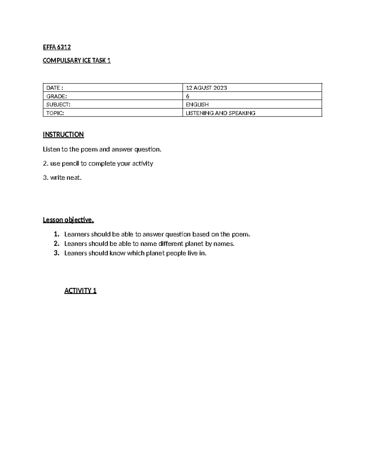 EFFA 6312 Compulsory ICE TASK ONE English - EFFA 6312 COMPULSARY ICE TASK 1 DATE : 12 AGUST 2023 ...