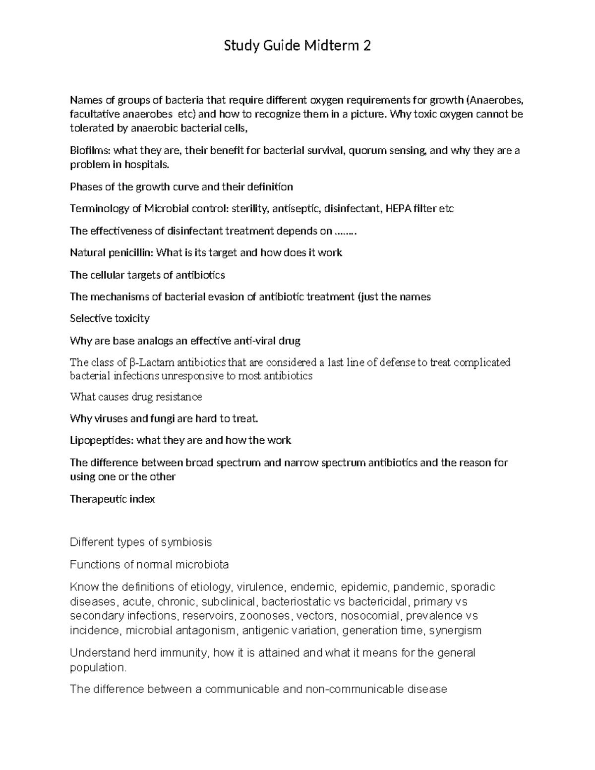 Review for Midterm 3 - Study Guide Midterm 2 Names of groups of bacteria that require different ...