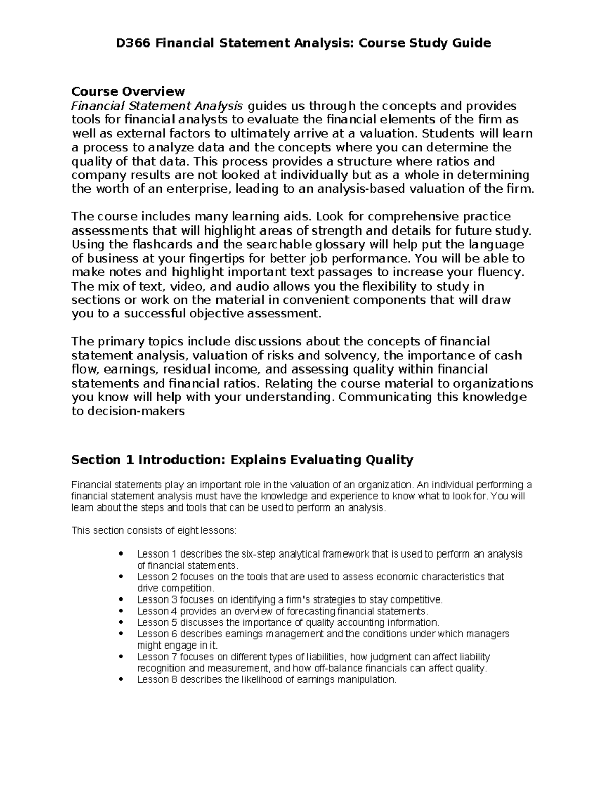 D366 Study Guide (1, 2) - D366 Financial Statement Analysis: Course ...