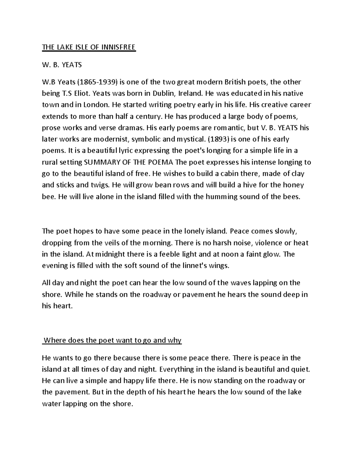 THE LAKE ISLE OF Innisfree - THE LAKE ISLE OF INNISFREE W. B. YEATS W ...