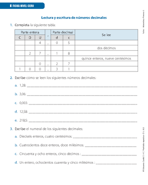 FA Lectura y escritura de números decimales - Fichas - Matemática Primaria 3 © Ediciones Corefo ...