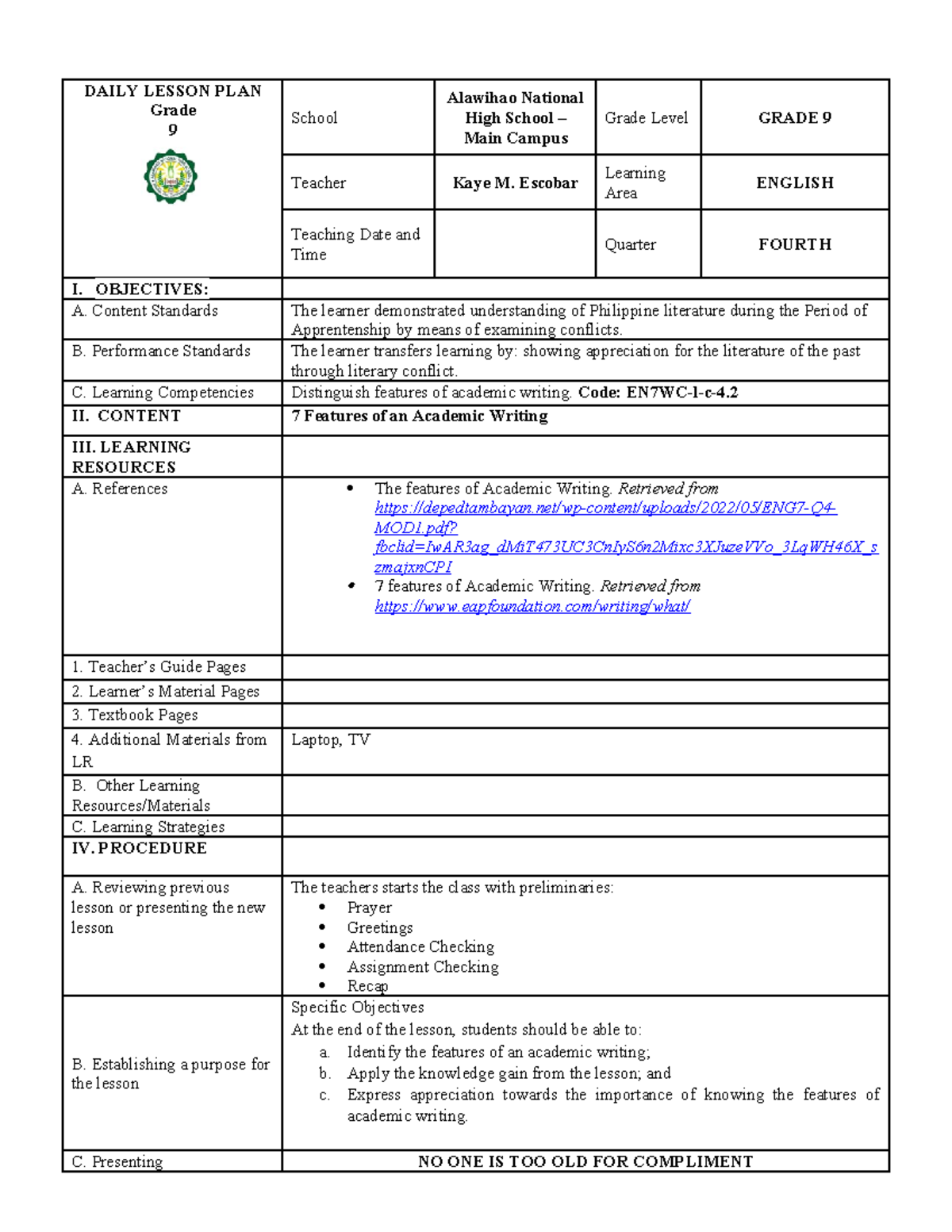 4th dlp - eng 9 - DLP - DAILY LESSON PLAN Grade 9 School Alawihao ...