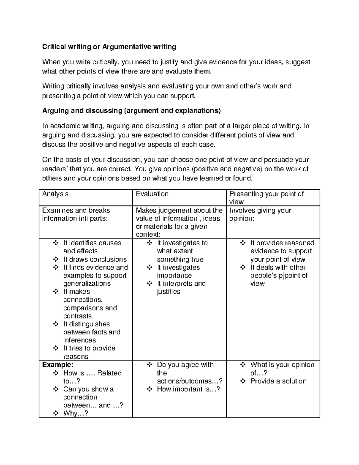 Critical and Argumentative Writing Lecture Notes - Critical writing or ...